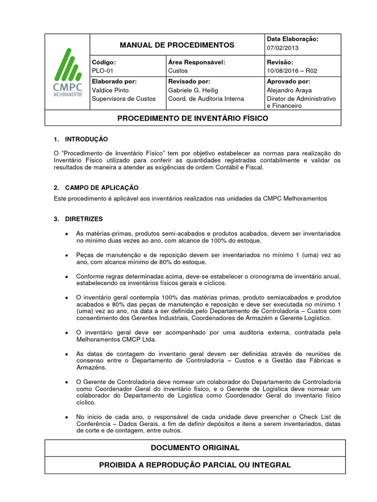 Manual de Procedimentos Procedimento de | PDF | Inventário | Contabilidade