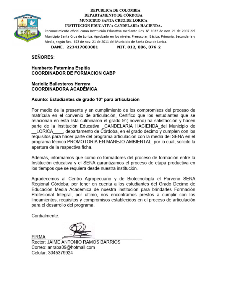 2- FORMATO MODELO RECTOR CERTIFICADO DE ARTICULACION. (1)-1_104028 | PDF