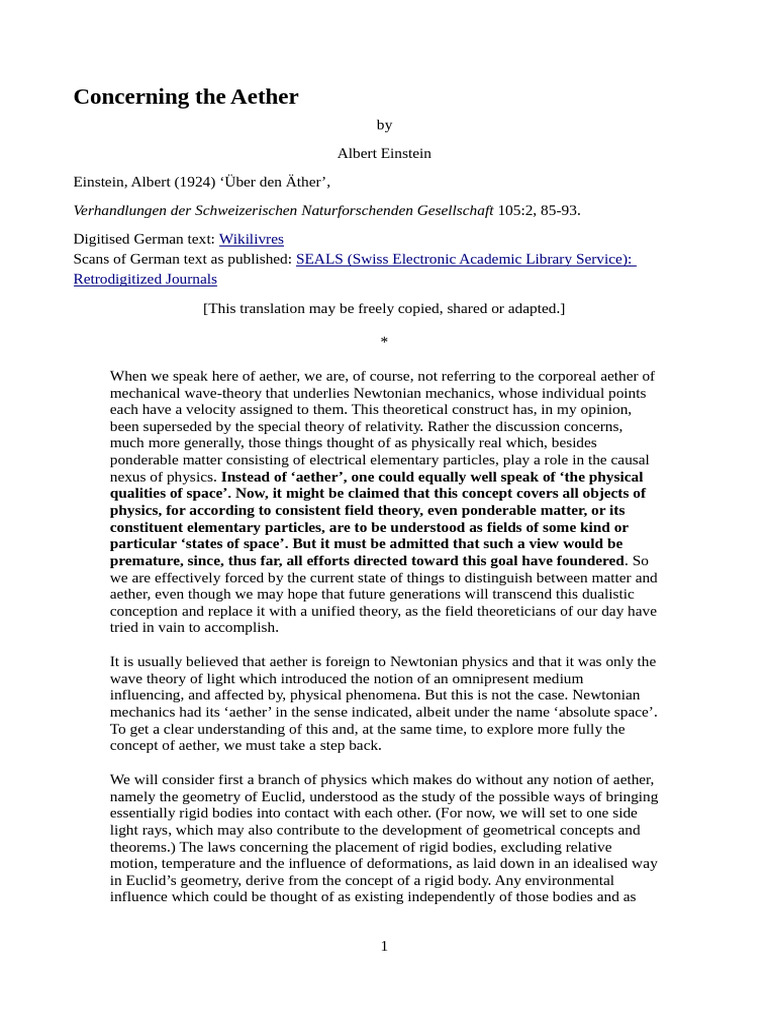 Albert Einstein Concerning The Aether Pdf Special Relativity Luminiferous Aether