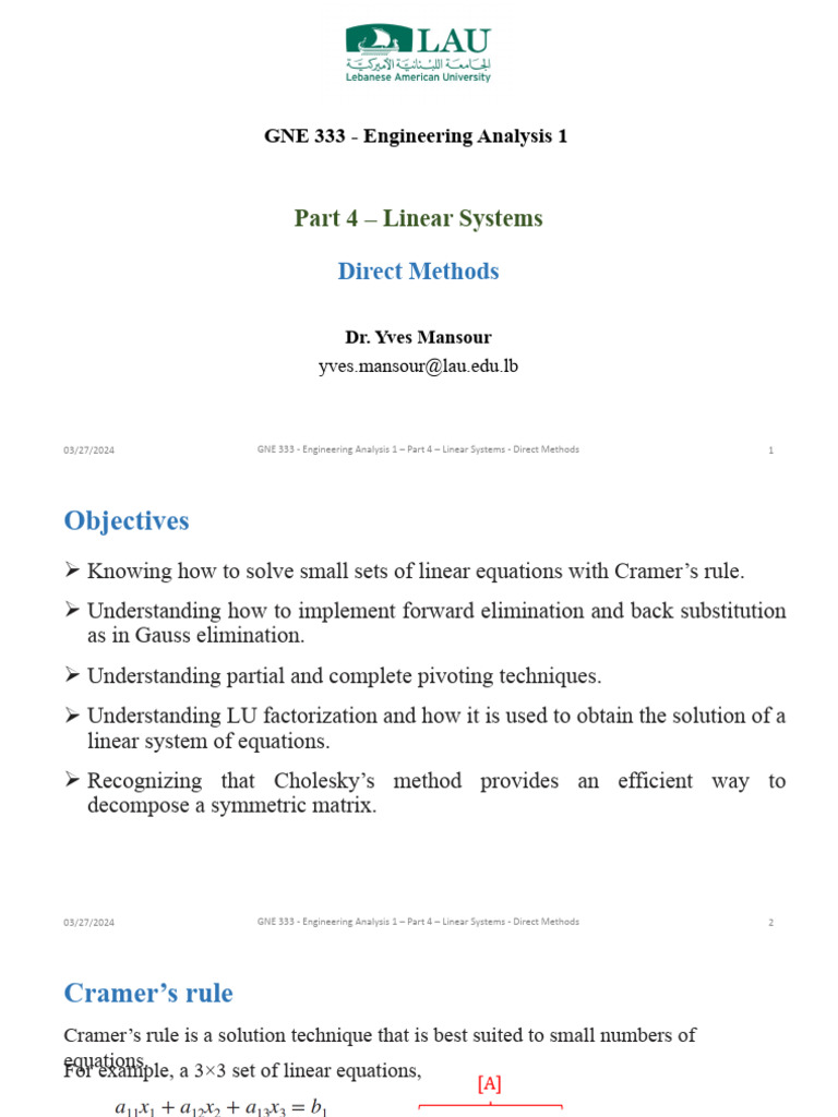 Part 4 Linear Systems Direct Methods Pdf System Of Linear