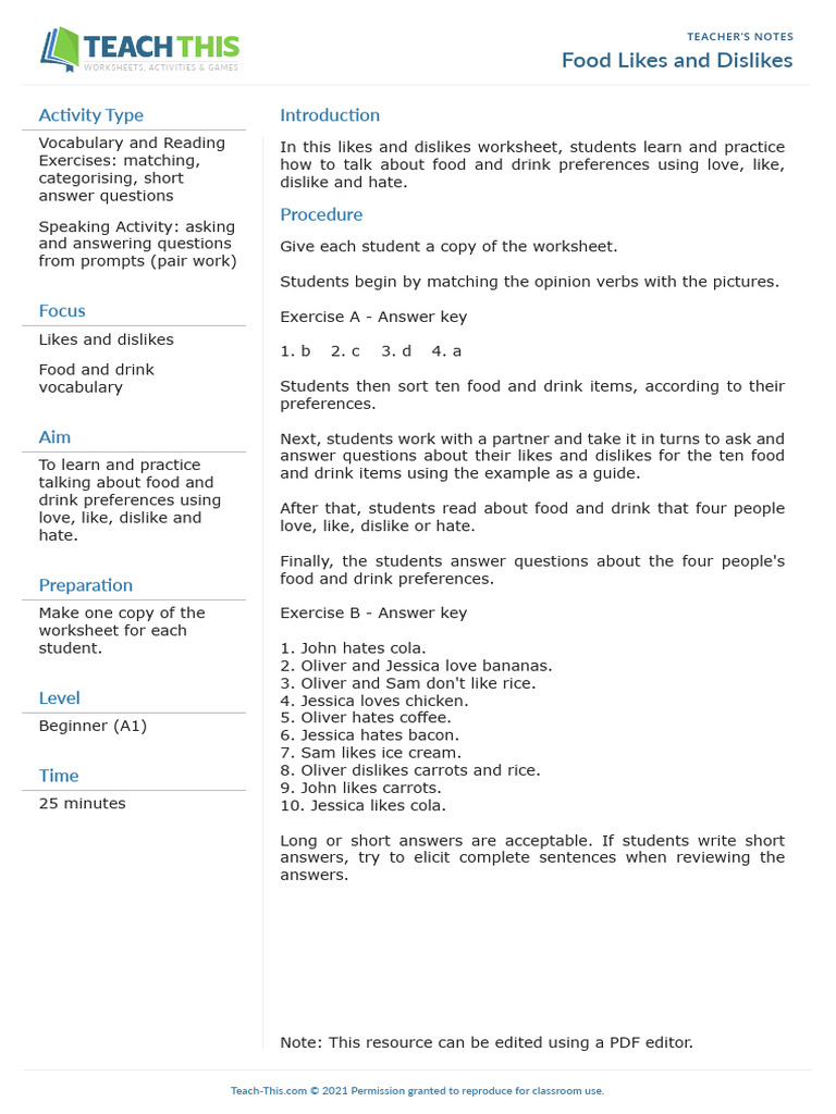 Food Likes and Dislikes | PDF | Linguistics