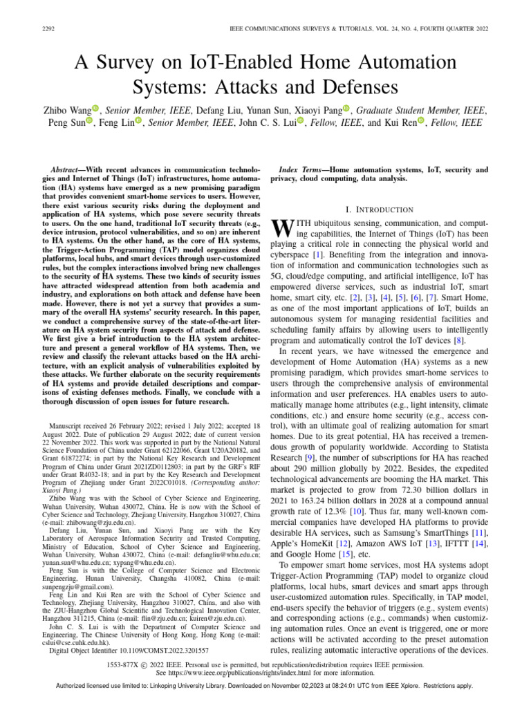 A Survey On Iot Enabled Home Automation Systems Attacks And Defenses Pdf Internet Of Things