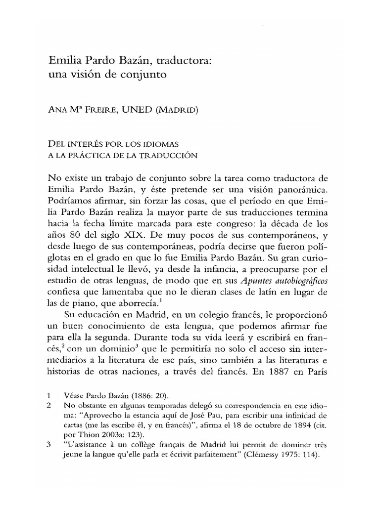 Emilia Pardo Bazan Traductora Una Vision de Conjunto | PDF ...
