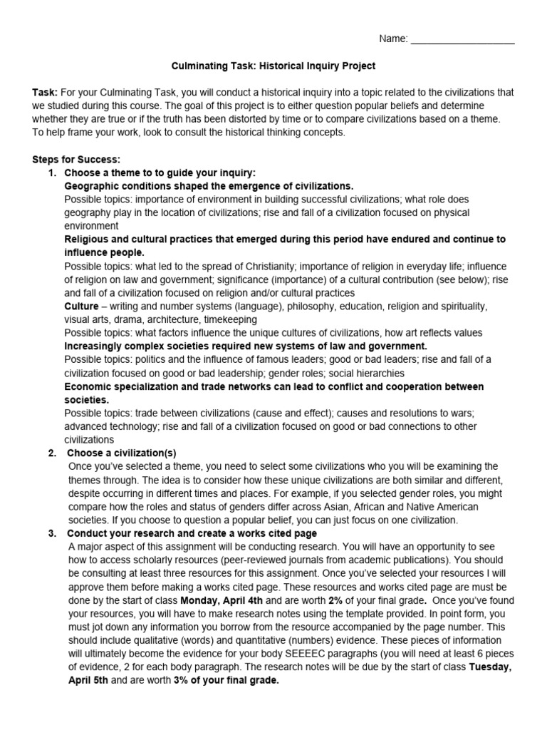 Culminating Task - Historical Inquiry Project | PDF | Civilization ...