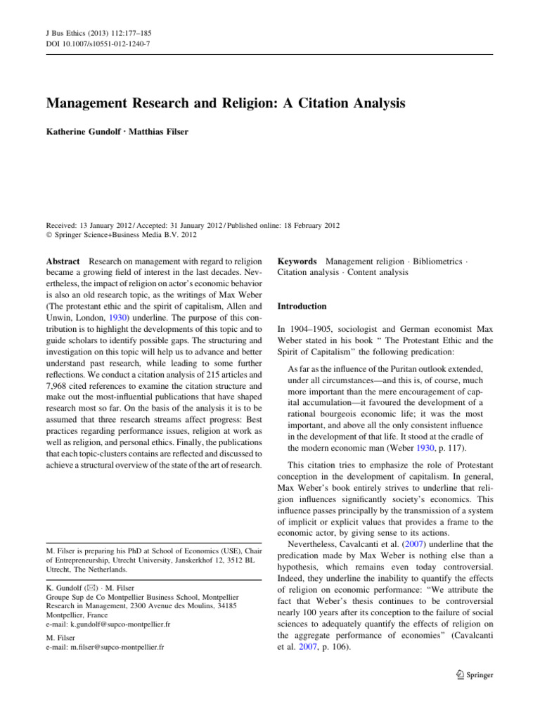Management Research and Religion | PDF | Max Weber | Citation
