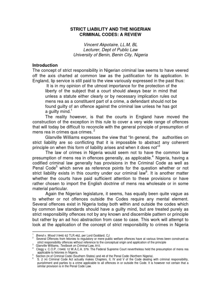 Strict Liability and The Nigerian Criminal Codes, A Review | PDF | Mens ...