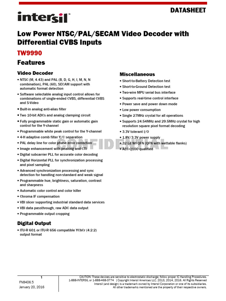 Low Power NTSC/PAL/SECAM Video Decoder With Differential CVBS Inputs ...