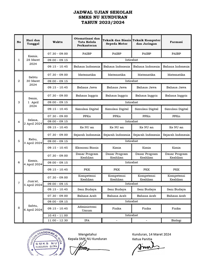 Jadwal Us 2023 - 2024 | PDF