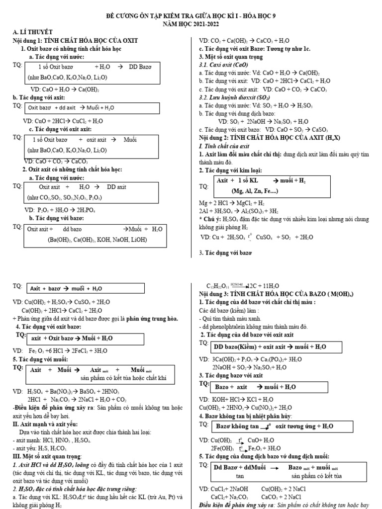 2021-2022-ĐỀ-CƯƠNG-HÓA-9-GIỮA-HKI | PDF