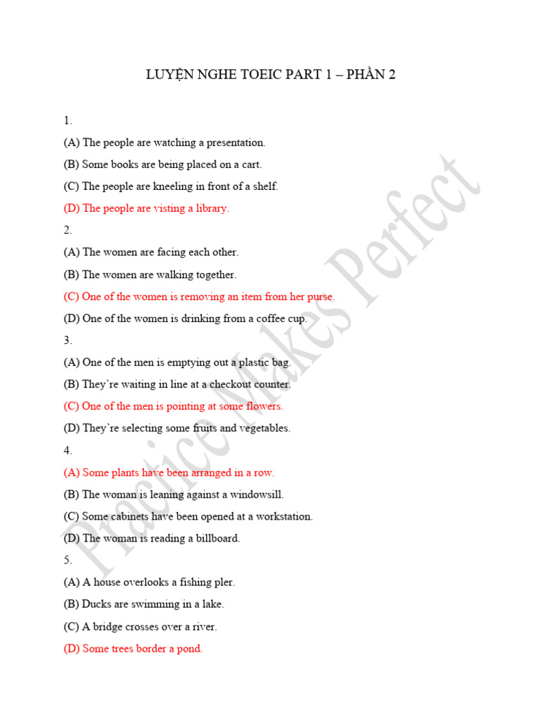 LUYỆN NGHE TOEIC PART 1 - PHẦN 2 | PDF | Bed