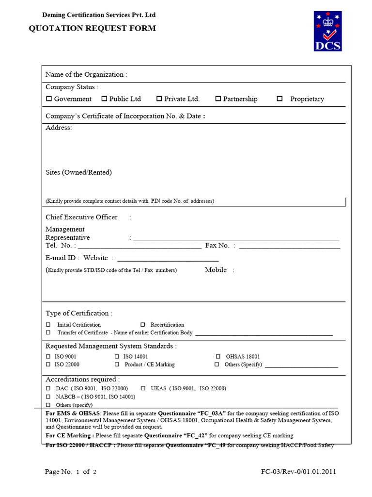 FC - 03 - Quotation Request Form - DCS | PDF | Iso 9000 | Business