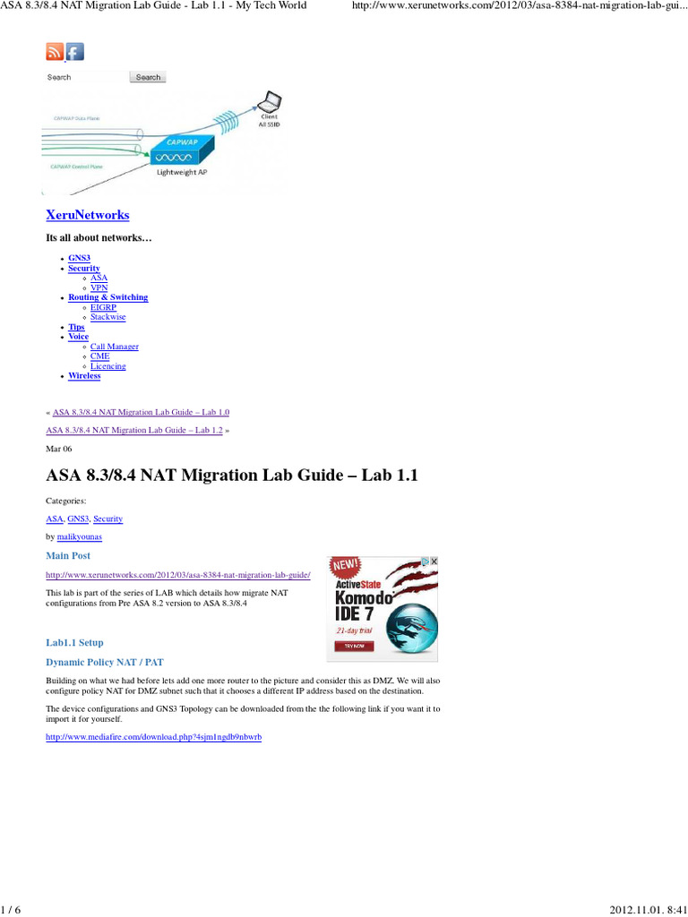 ASA 8.3 - 8.4 NAT Migration Lab Guide - Lab 1.1 - My Tech World | PDF