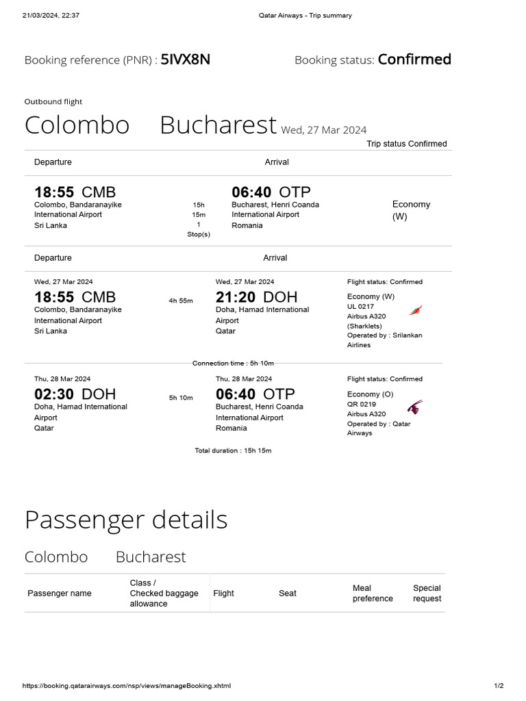 Qatar Airways - Trip Summary 1 | PDF | Aviation | Airlines