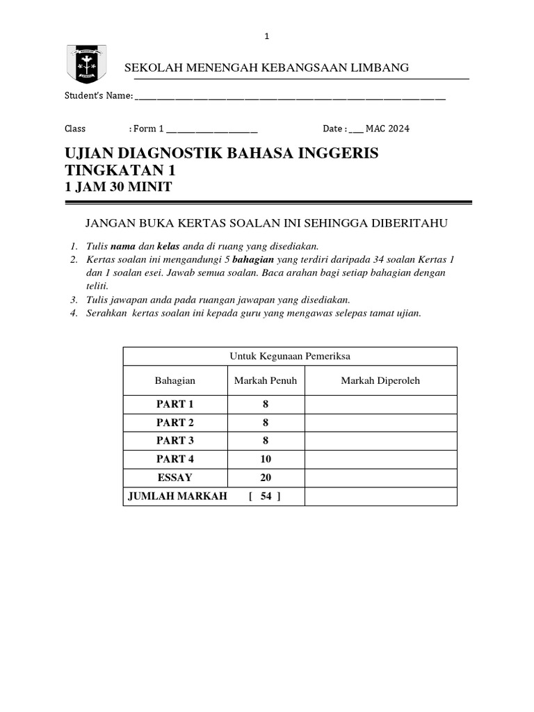 Ujian Diagnostik Tingkatan 1 | PDF