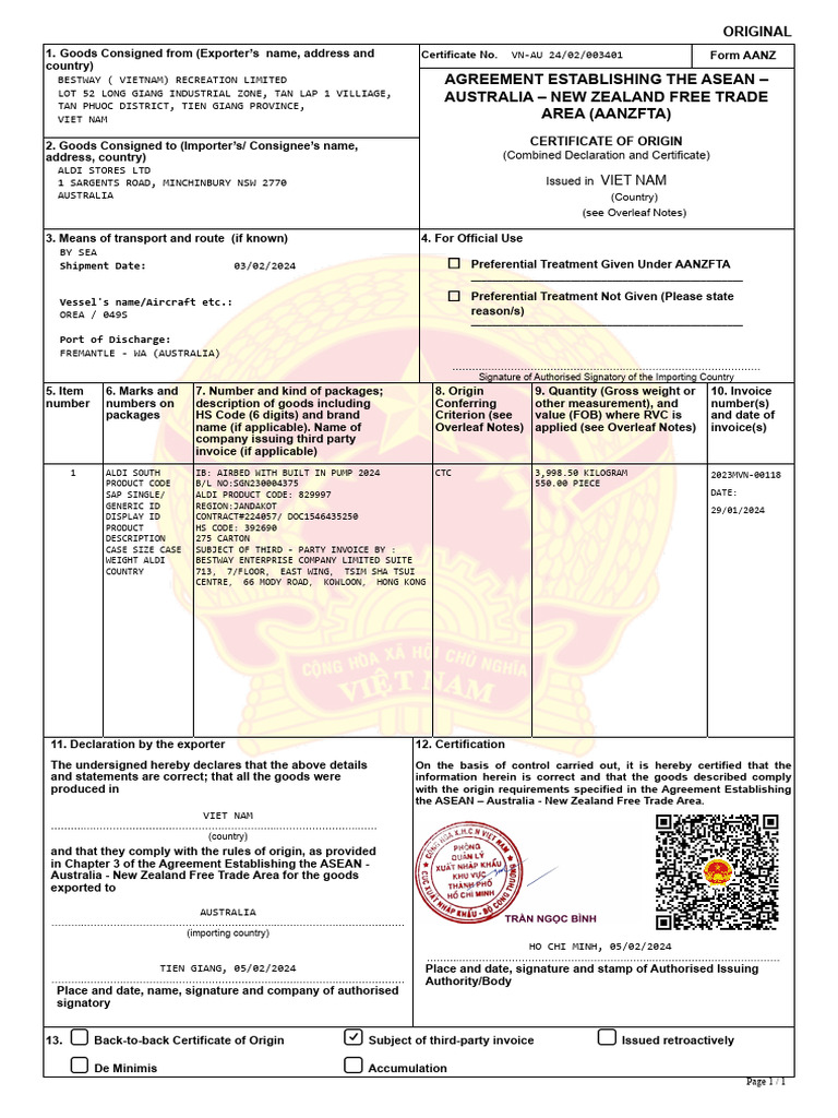 AANZFTA Certificate of Origin Template | PDF | International Trade | Trade