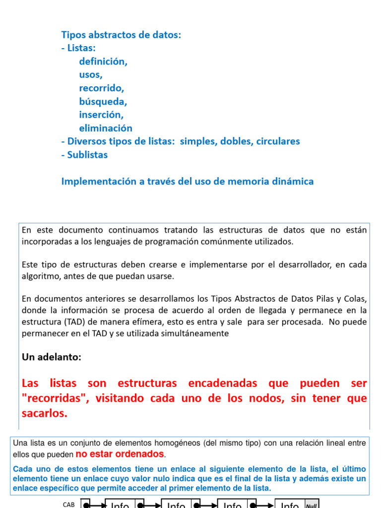 22 - 01 - Tipos Abstractos de Datos LISTAS | PDF | Puntero (Programación de computadora) | Cola ...