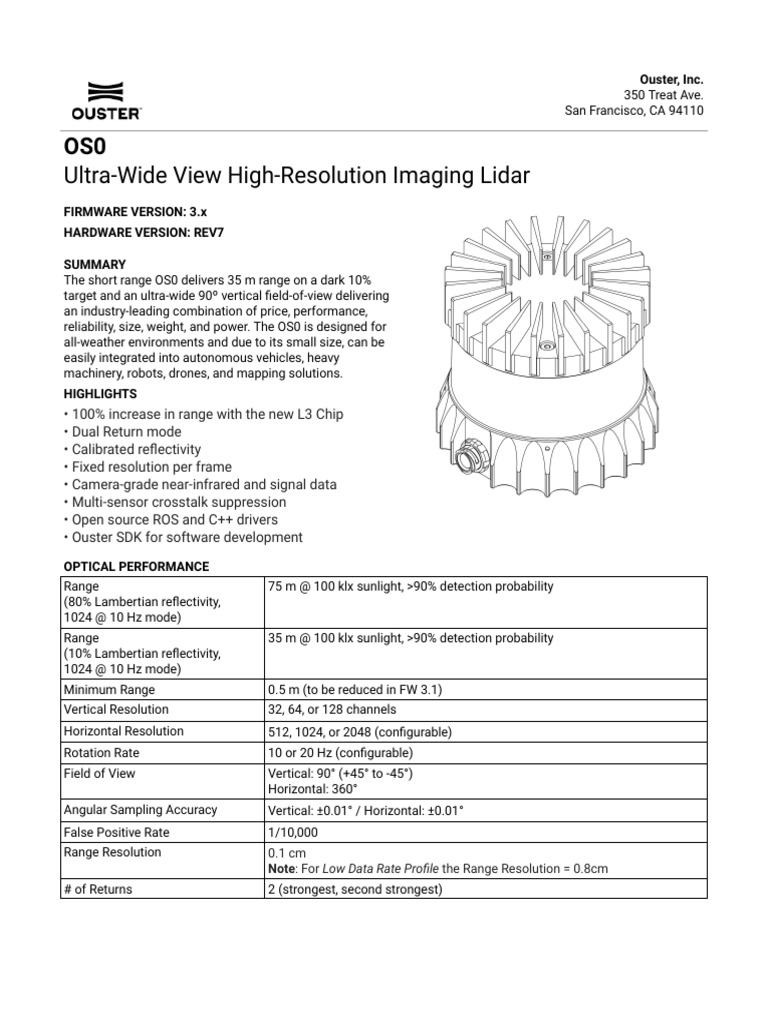 Datasheet Rev7 v3p0 Os0 | PDF | Lidar | Optics