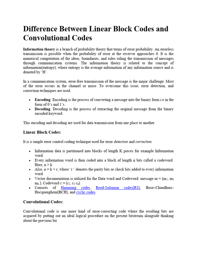 Difference Between Linear Block Codes And Convolutional Codes Pdf Code Telecommunications 