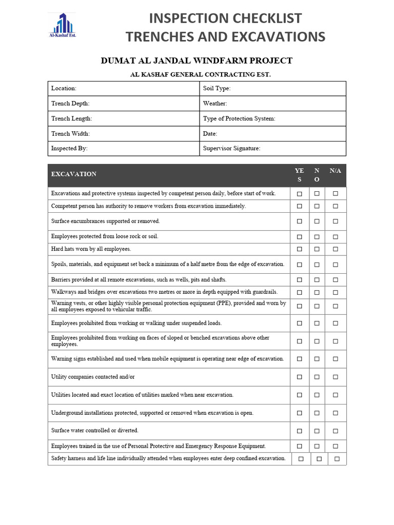Daily Inspection Checklist For Trenches and Excavations | PDF ...