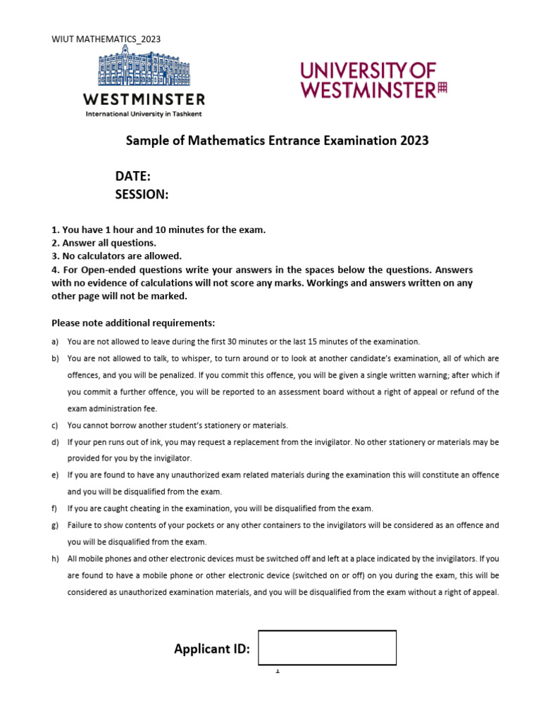 Wiut Math Exam - Sample 2023 | PDF | Mathematics
