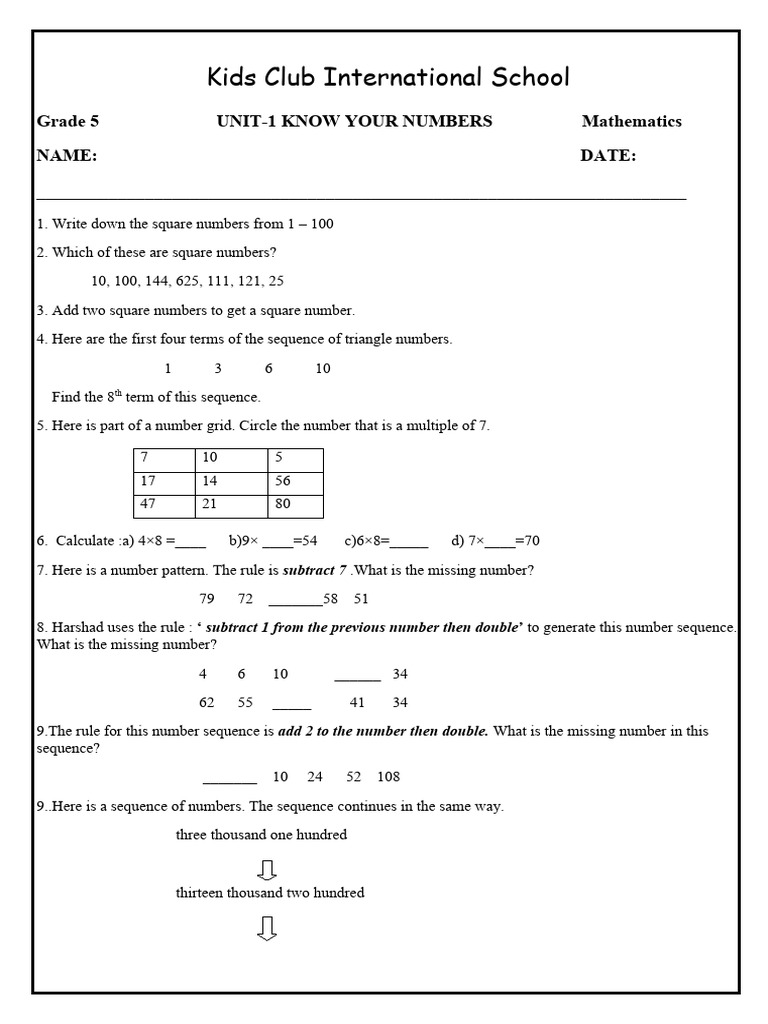 Unit 1 Numbers 1ws Grade 5 | PDF | Numbers | Sequence