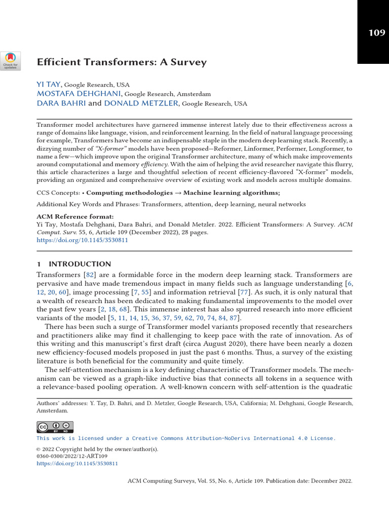 Efficient Transformers: A Survey: Yi Tay Mostafa Dehghani Dara Bahri Donald Metzler | PDF