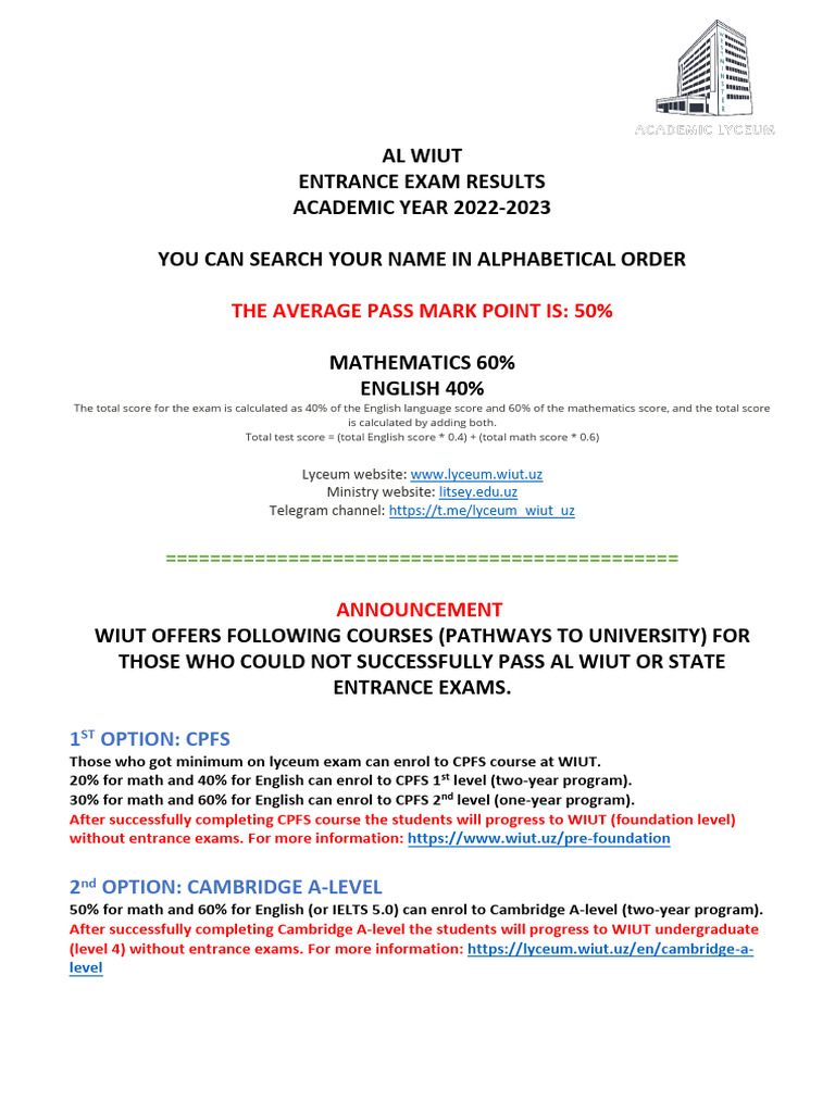 Al Wiut Entrance Exam Results 2022 | PDF | Tests | Schools