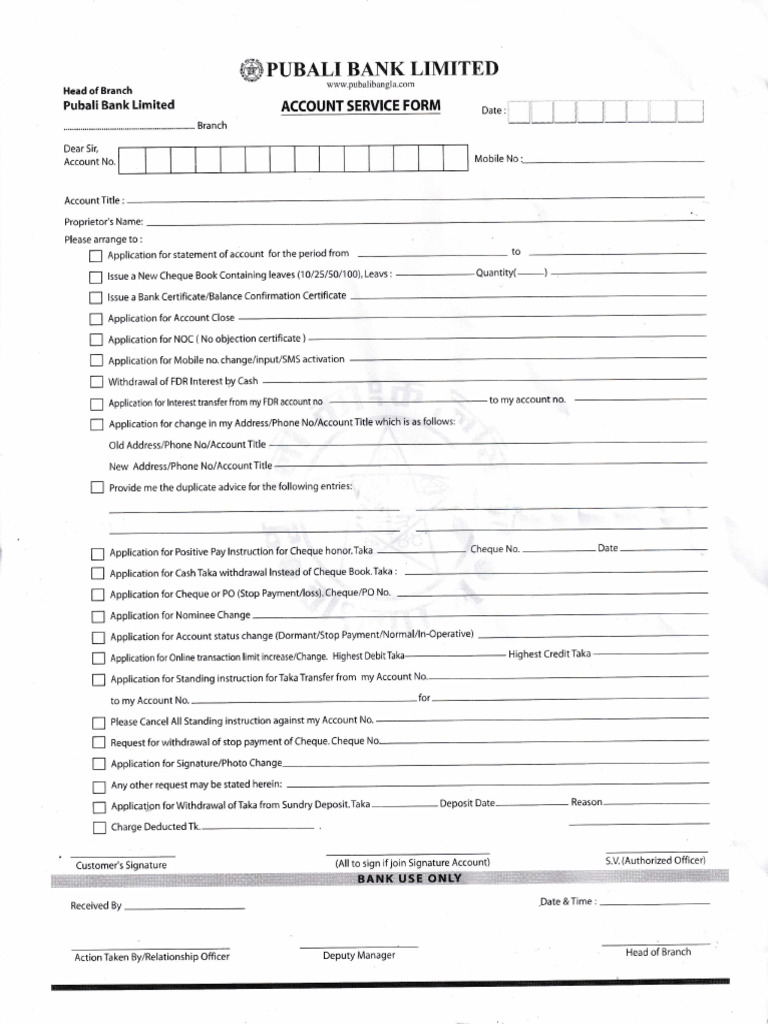 Pubali Account Service Form | PDF | Cheque | Banking