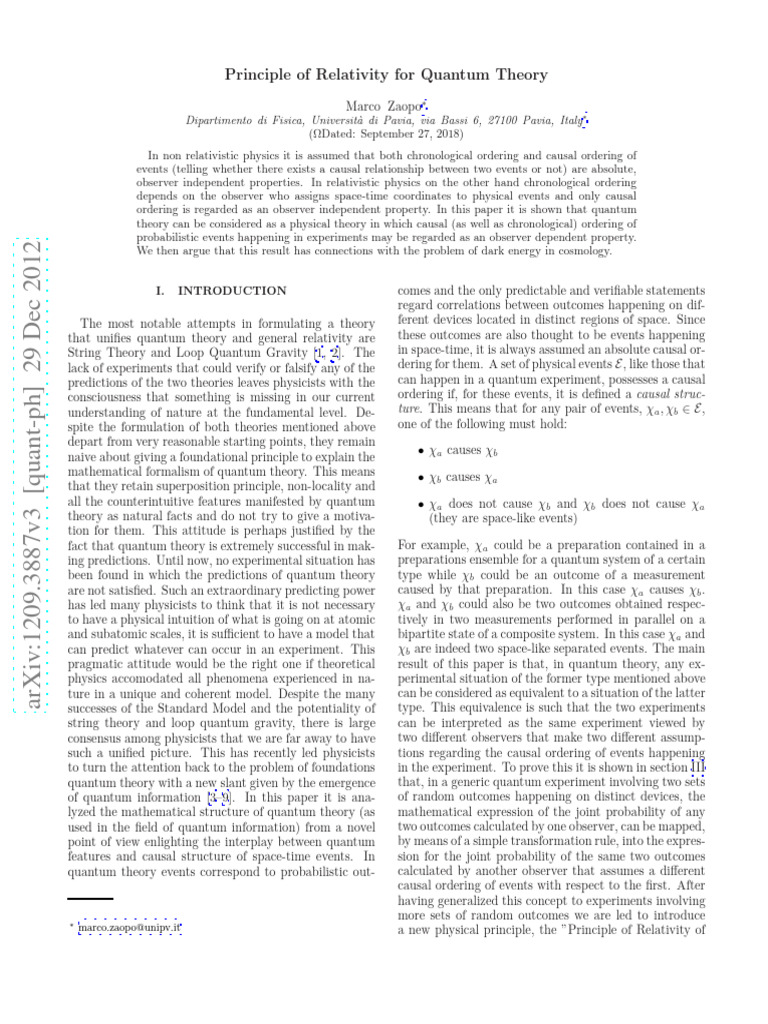 Principle of Relativity For Quantum Theory | PDF | General Relativity | Quantum Mechanics