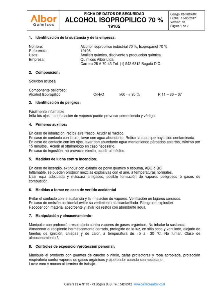 Ficha Seguridad Alcohol Isopropilico 70 MDM Cientifica Albor | PDF ...