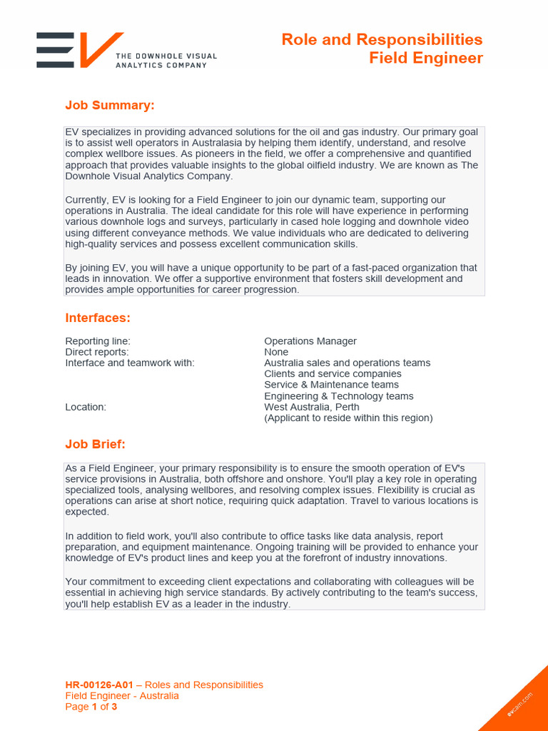 Roles and Responsibilities Field Engineer Aus July 23 | PDF