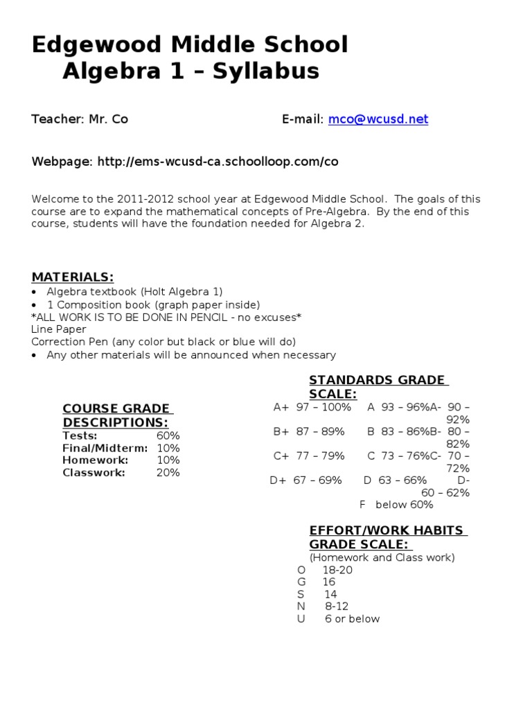 Syllabus Algebra 1 - 20112012 | PDF | Homework | Teaching