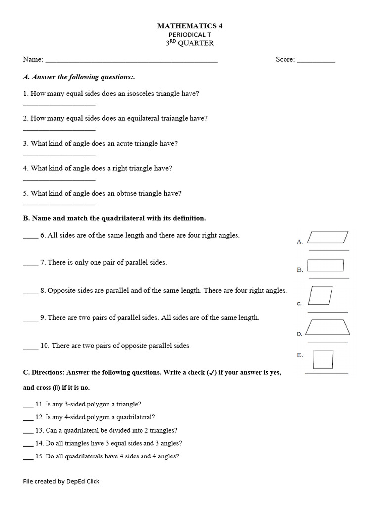 Math Quiz for Grade 4 Students | PDF | Language Arts & Discipline ...