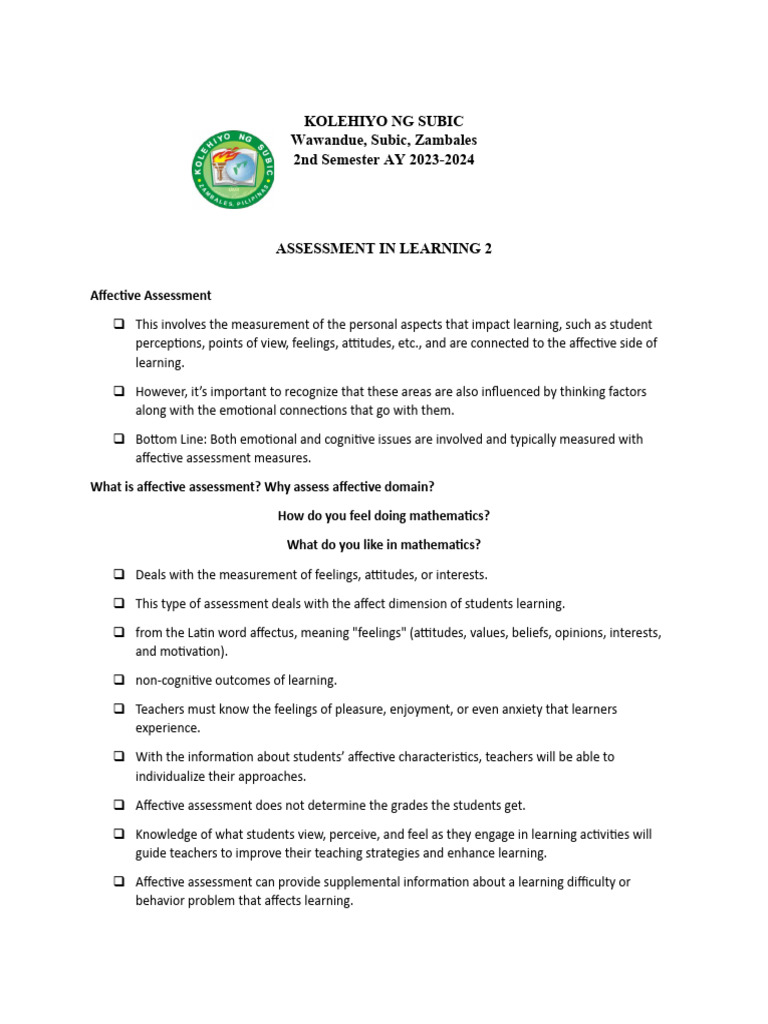 ASSESSMENET IN LEARNING 2 wORD1 | PDF | Affect (Psychology) | Attitude ...