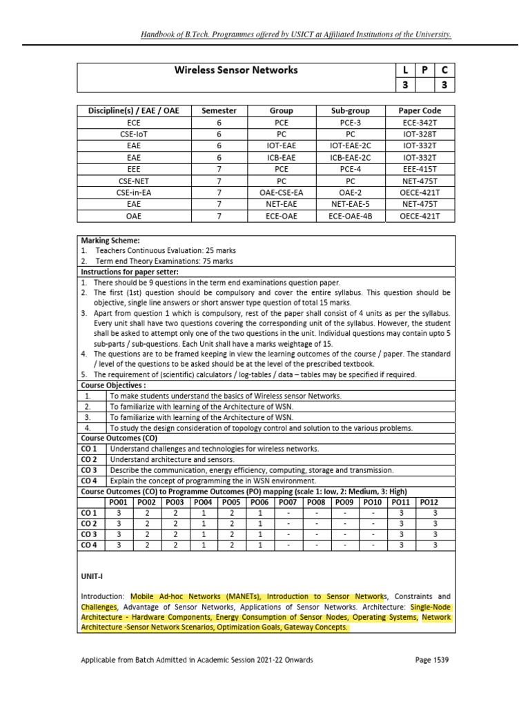 Wireless Sensor Networks Course Syllabus | PDF