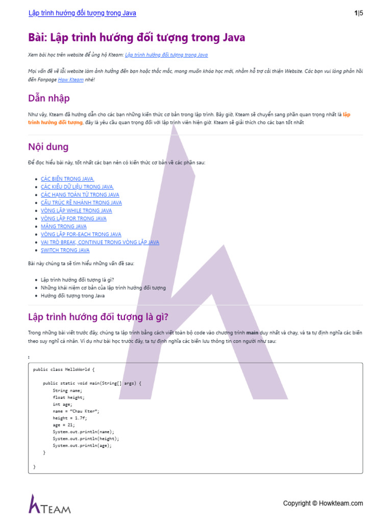 HOWKTEAM - VN - Lập Trình Hướng Đối Tượng Trong Java | PDF