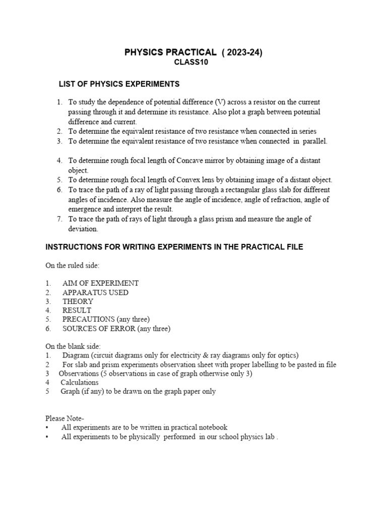 Class 10 Physics Practical List 2023 - 24 | PDF