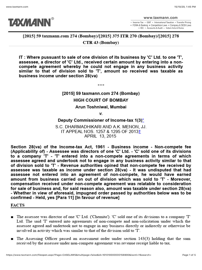 Arun Toshniwal V DCIT Non Compete Fee | PDF | Taxes | Capital Gains Tax