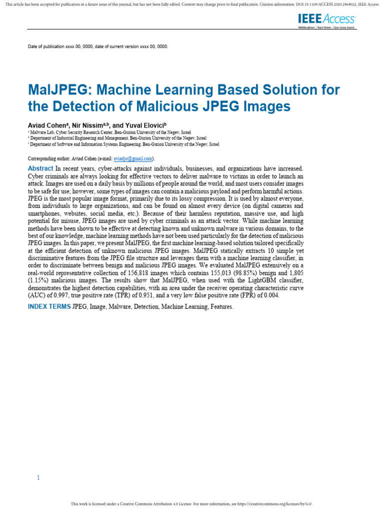 MalJPEG Machine Learning Based Solution For The de | PDF | Malware | Computer Science