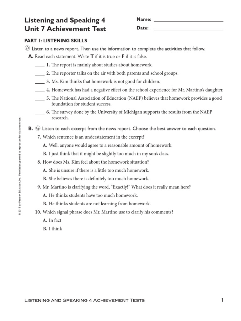 NS LS 04 Tests U07 | PDF | Homework | Human Communication