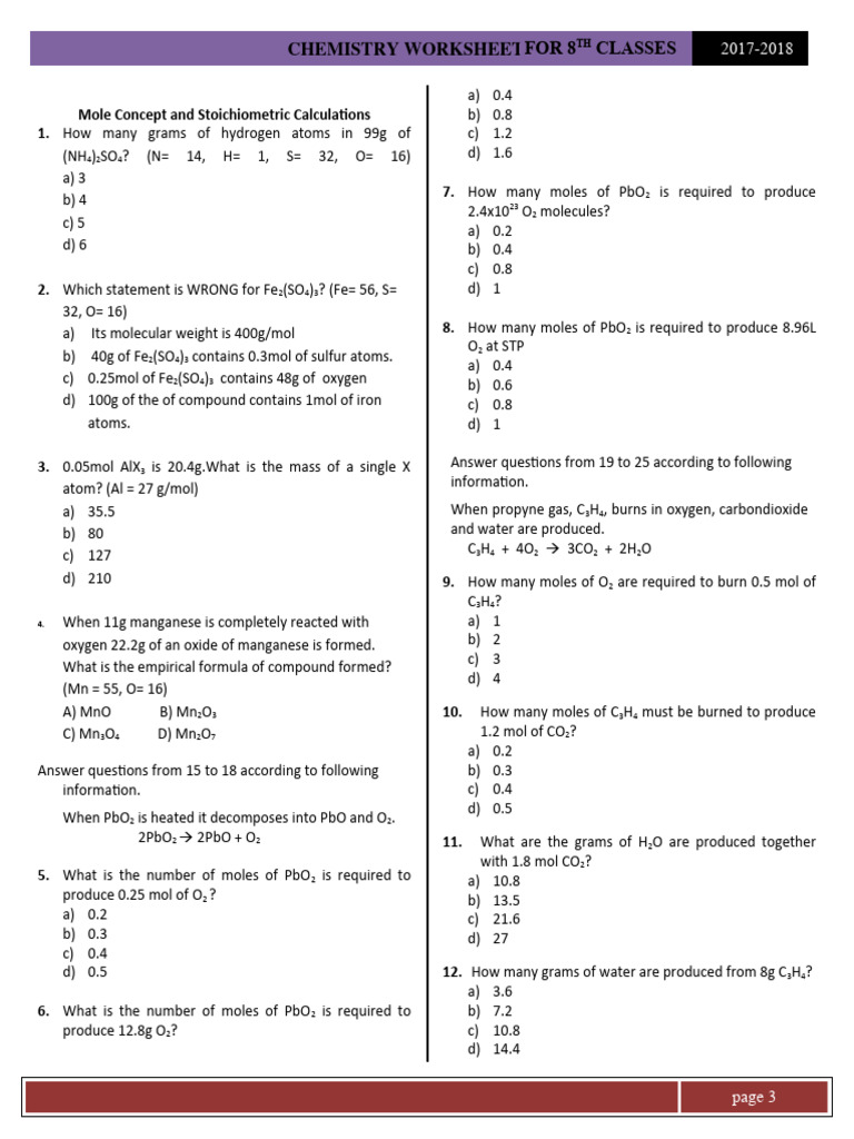 Worksheet 8 Class | PDF | Gases | Mole (Unit)