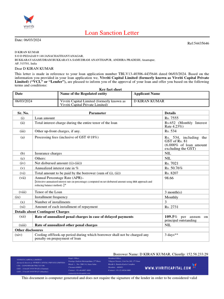 Sanction Letter | PDF | Loans | Interest