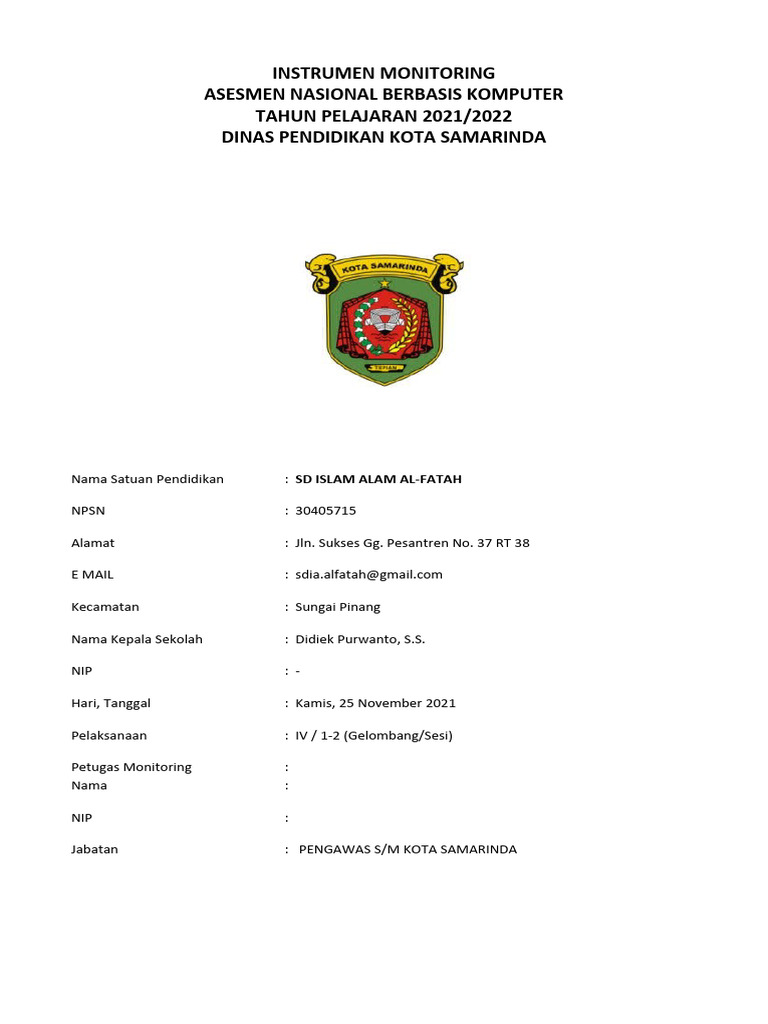 Sdia Al-Fatah - Instrumen Monitoring Anbk 2021 | PDF Sdia Al-Fatah - Instrumen Monitoring Anbk 2021 | PDF