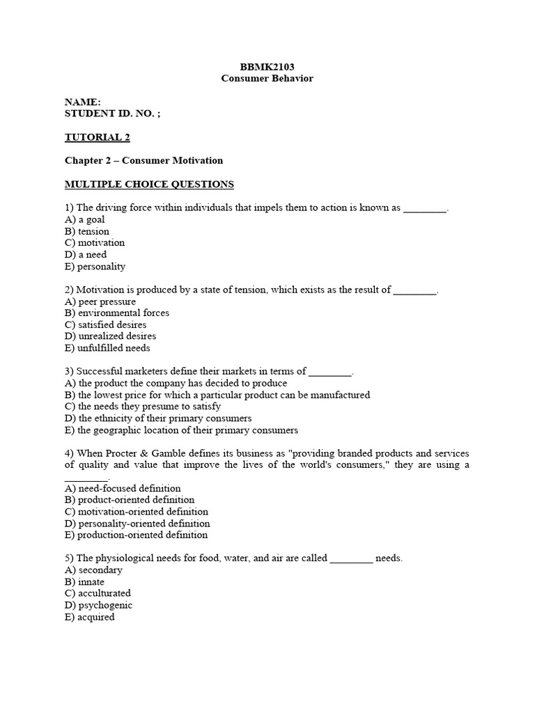 Tutorial 2 - Consumer Behaviour | PDF | Motivation | Motivational