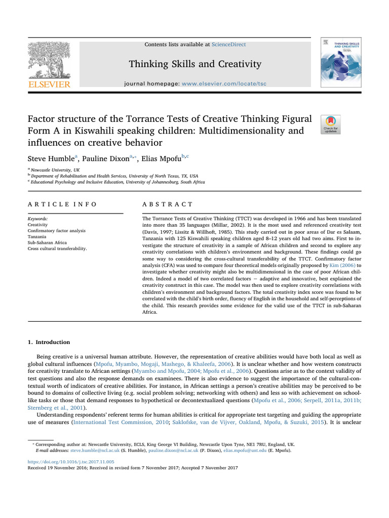 Factor Structure Of The Torrance Tests Of Creative Thinking 2018