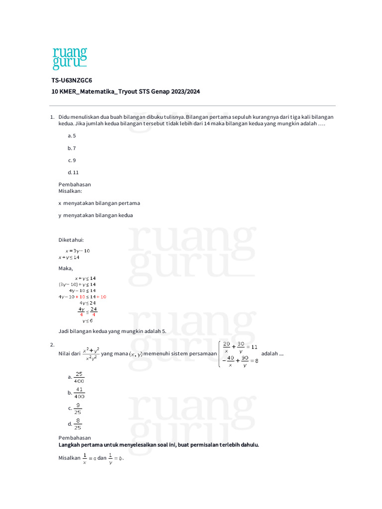 10 KMER - Matematika - Tryout STS Genap 2023 - 2024 - Pembahasan | PDF | Sains & Matematika
