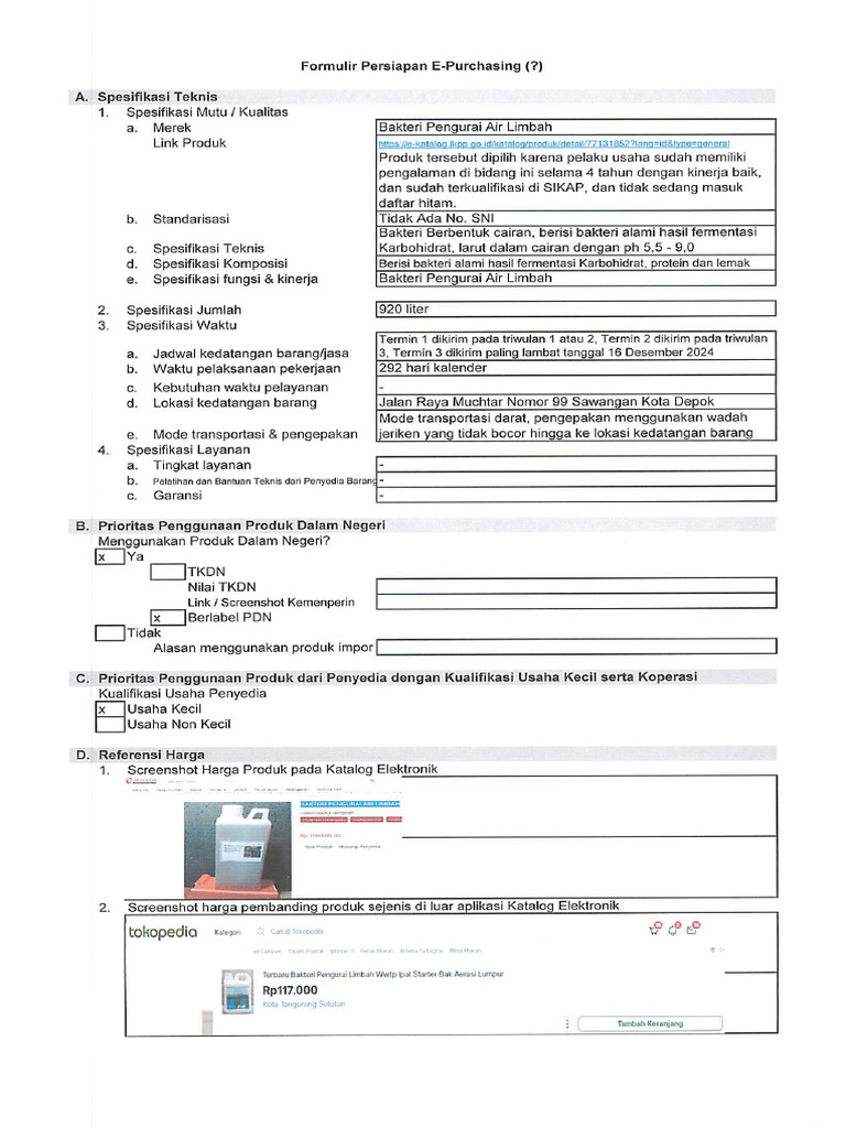 Formulir Persiapan E-Purchasing | PDF