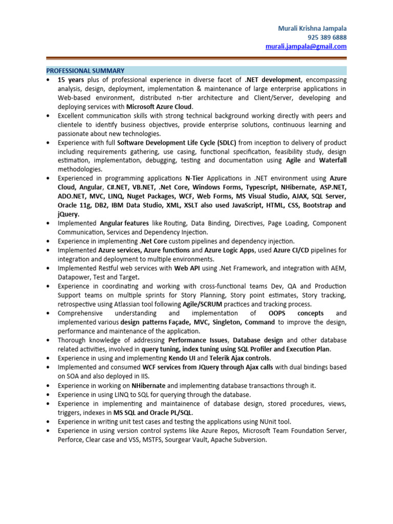 Murali Jampala - Senior .Net Full Stack Developer | PDF | Microsoft Sql Server | Entity Framework