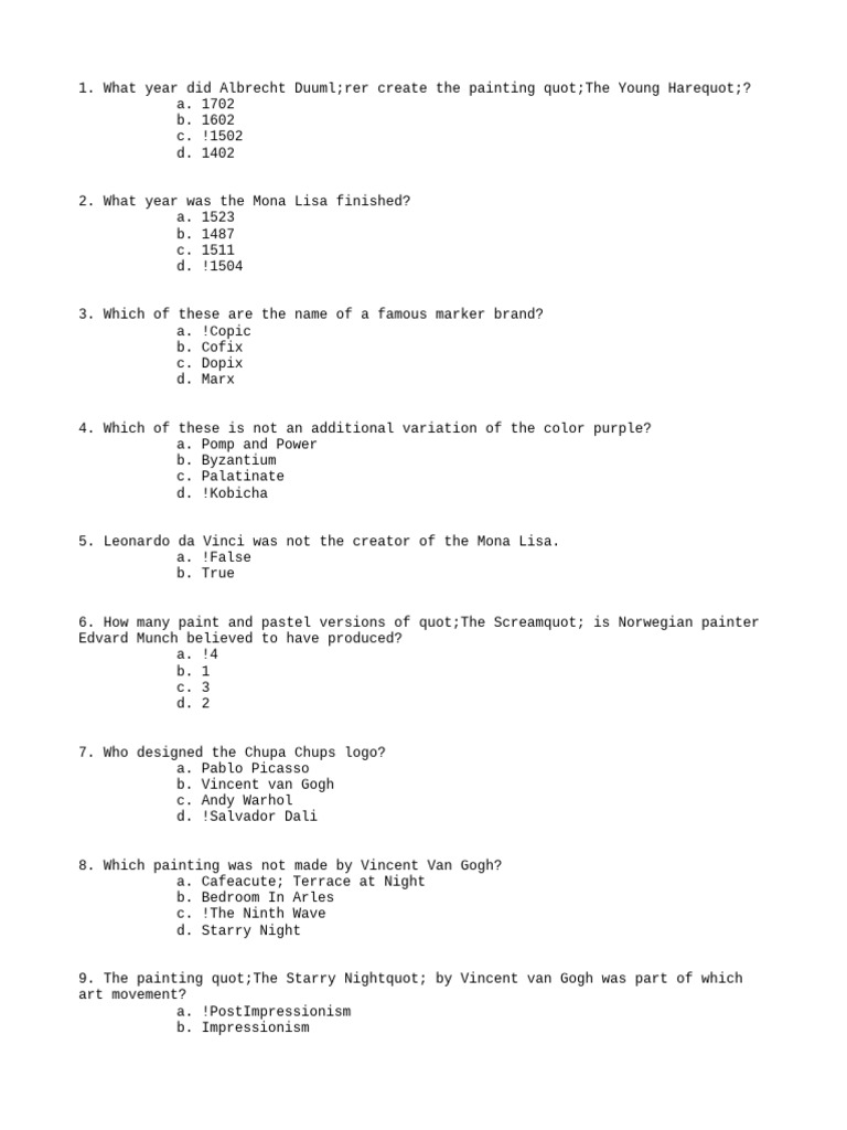 Art, Games, and Math Quiz Answers | PDF | Art | Young Adult