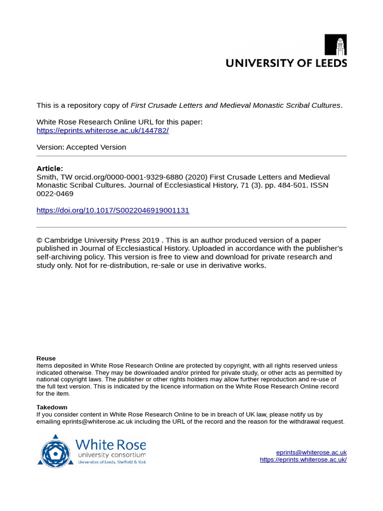T.W. Smith, 'First Crusade Letters and Monastic Scribal Cultures ...